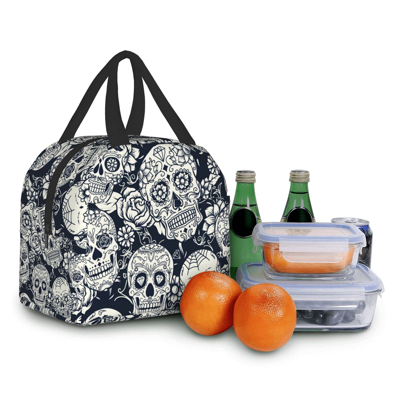 Duduho Floral Sugar Skull Lunch Bag Compact Halloween Tote Bag Reusable Lunch Box Container For Women Men School Office Work