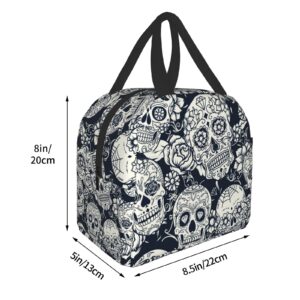 Duduho Floral Sugar Skull Lunch Bag Compact Halloween Tote Bag Reusable Lunch Box Container For Women Men School Office Work