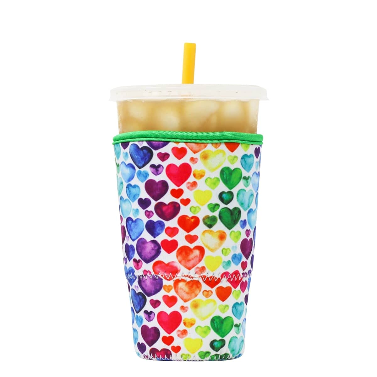 Brew Buddy Iced Coffee Insulated Sleeve - Insulator Holder Sok for Cold Beverages, Neoprene Cup Sock - Compatible for Starbucks, Dunkin & McDonalds Coffee Java Cover (Large, Rainbow Hearts)