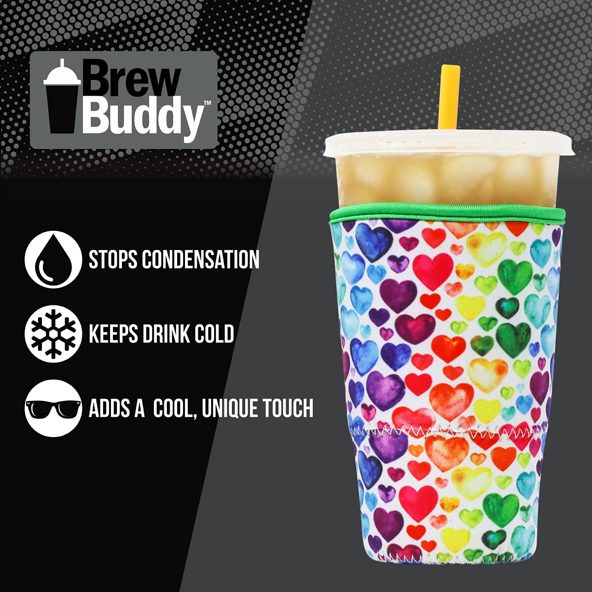 Brew Buddy Iced Coffee Insulated Sleeve - Insulator Holder Sok for Cold Beverages, Neoprene Cup Sock - Compatible for Starbucks, Dunkin & McDonalds Coffee Java Cover (Large, Rainbow Hearts)