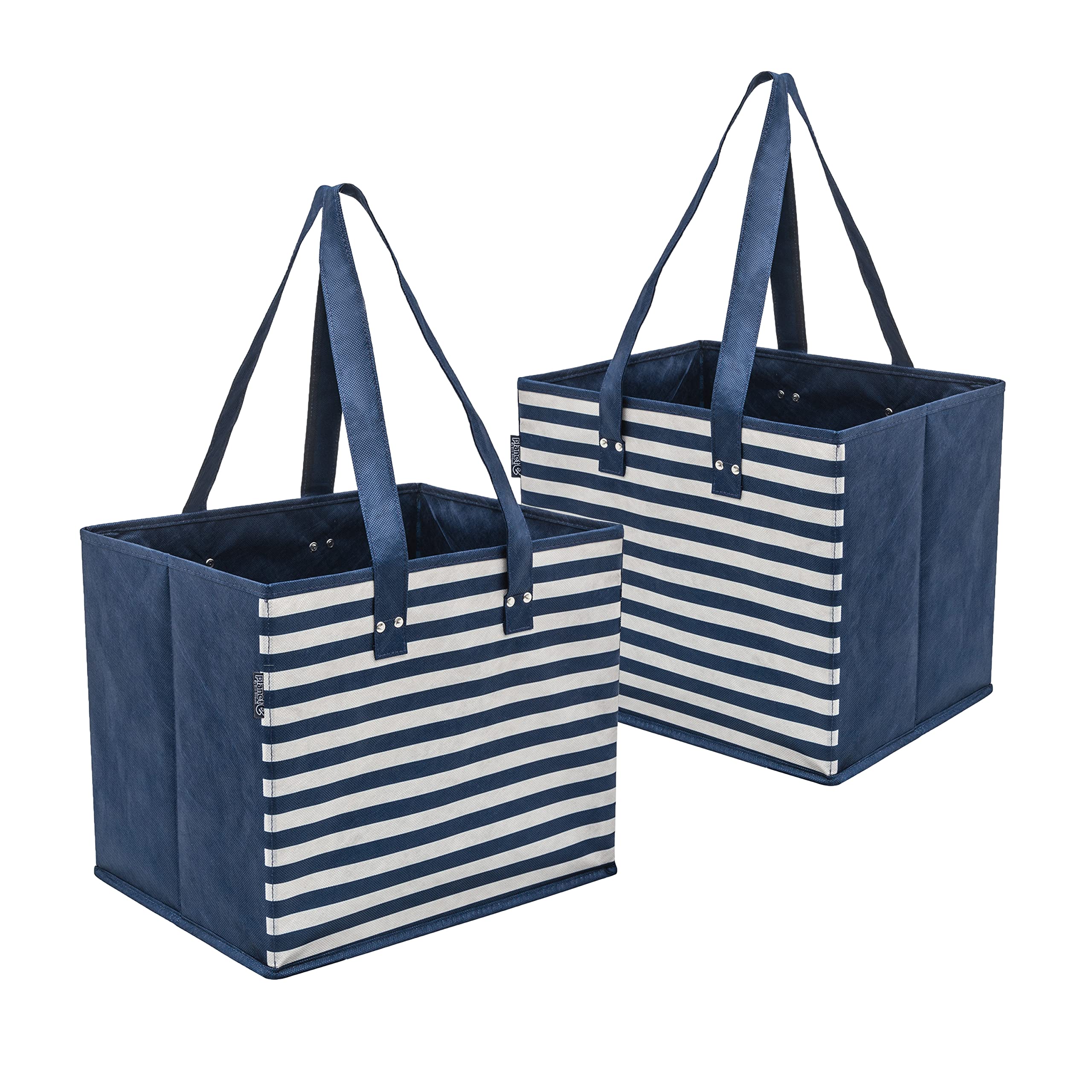 PLANET E Reusable Eco-Friendly Durable Heavy Duty Collapsible Long handle Grocery Tote Shopping Box Bag Set with Reinforced Bottom (2 Pack, Stripped Blue)