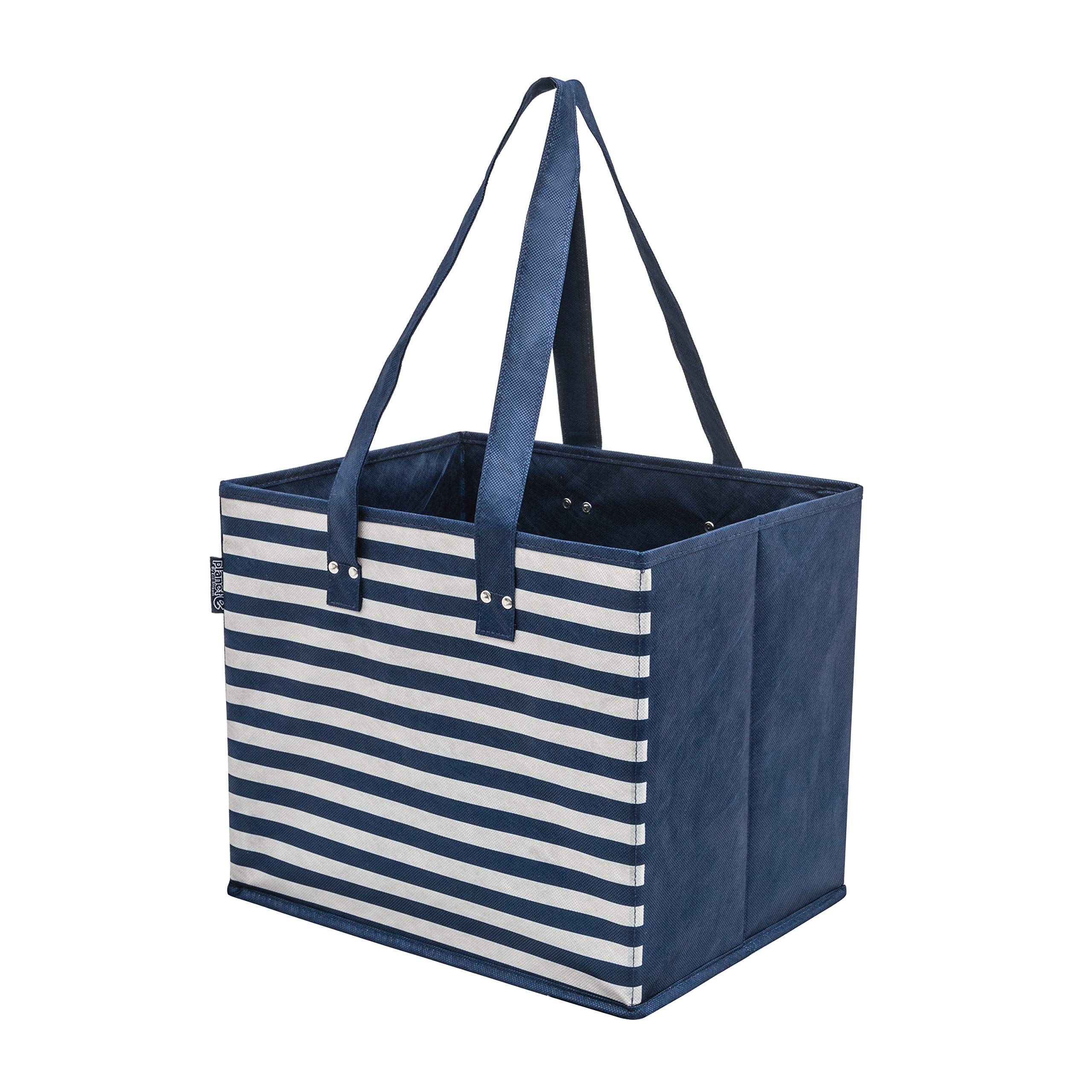 PLANET E Reusable Eco-Friendly Durable Heavy Duty Collapsible Long handle Grocery Tote Shopping Box Bag Set with Reinforced Bottom (2 Pack, Stripped Blue)