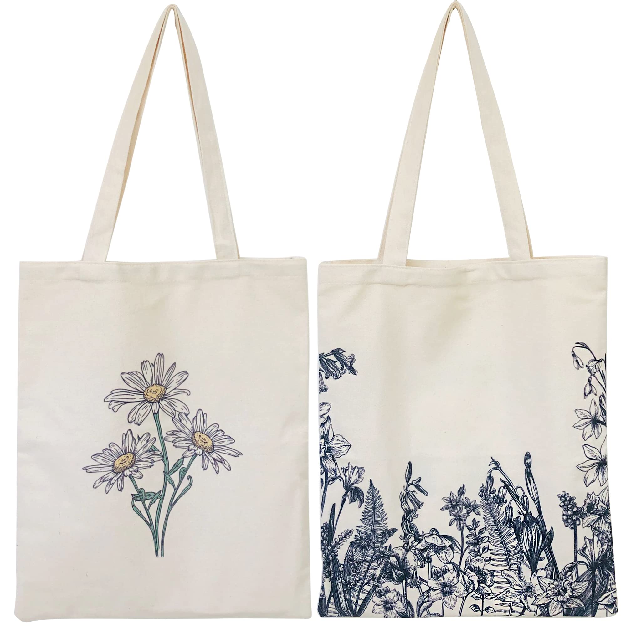 GRHOSE 2 PCS Floral Tote Bag Aesthetic Flowers Botanical Shopping Bag Beautiful Flowers Reusable Grocery Bag for Women