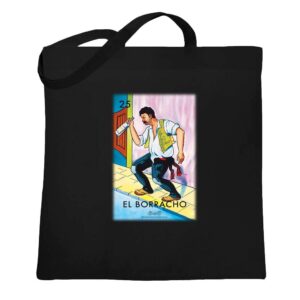 pop threads el borracho drunk loteria card mexican latina graphic tote bag for adults black 15x15 inches