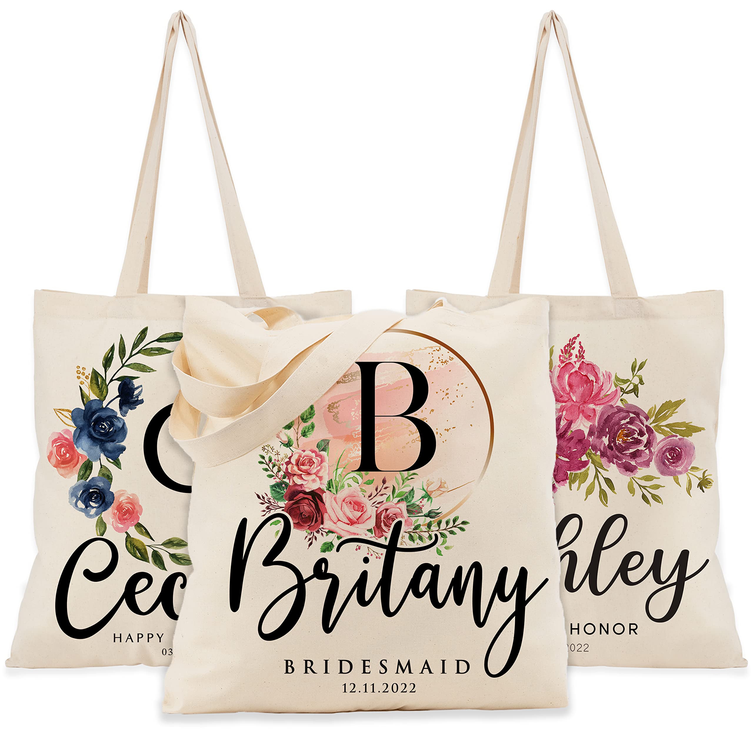 Personalized Floral Initial Tote Bags Gifts for Women - 9 Flower Designs Customizable w/Name Text Date - Custom Wedding Totes Bag Gift for Bridesmaid - Customized Monogrammed Shoulder Bag for Girls C1