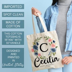 Personalized Floral Initial Tote Bags Gifts for Women - 9 Flower Designs Customizable w/Name Text Date - Custom Wedding Totes Bag Gift for Bridesmaid - Customized Monogrammed Shoulder Bag for Girls C1