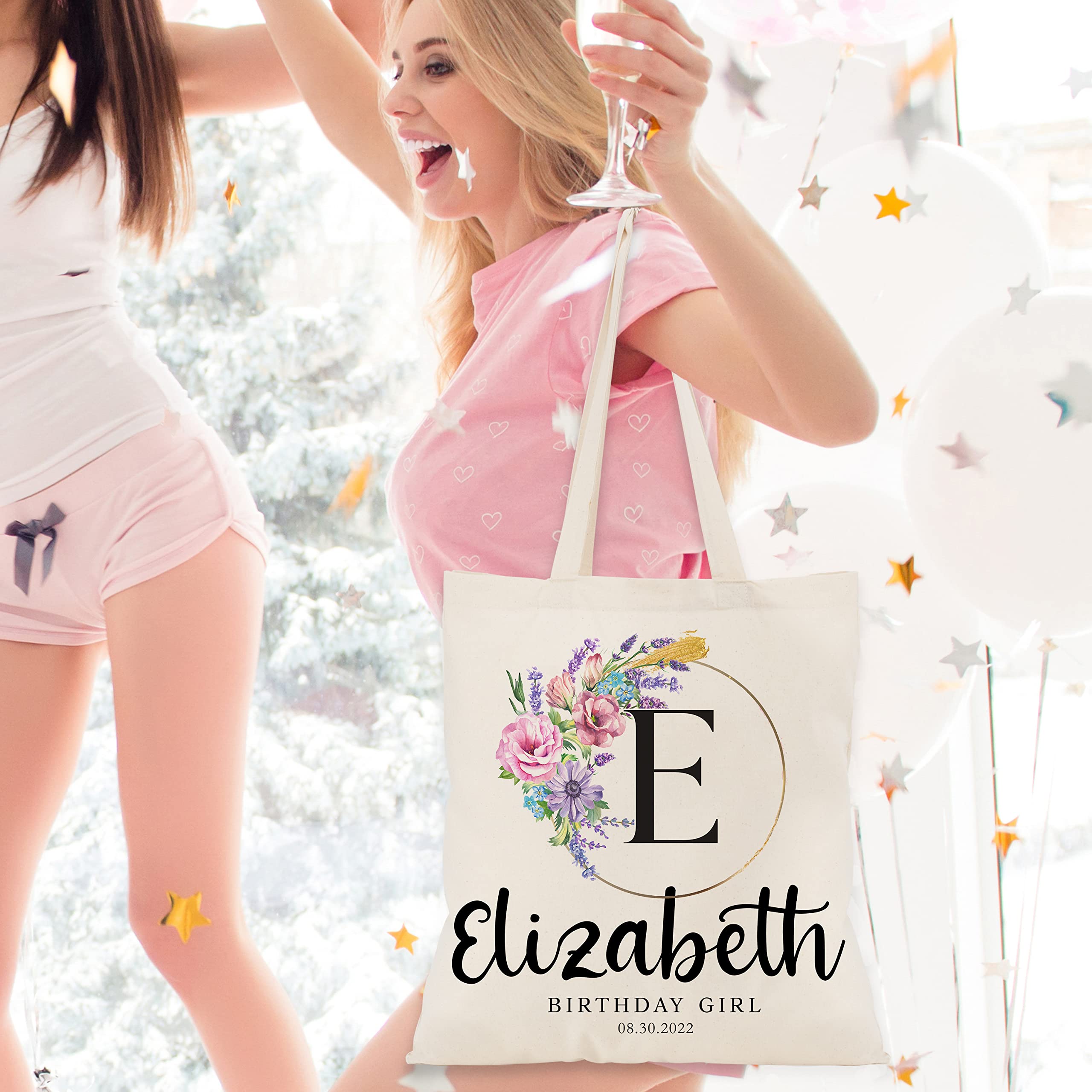 Personalized Floral Initial Tote Bags Gifts for Women - 9 Flower Designs Customizable w/Name Text Date - Custom Wedding Totes Bag Gift for Bridesmaid - Customized Monogrammed Shoulder Bag for Girls C1