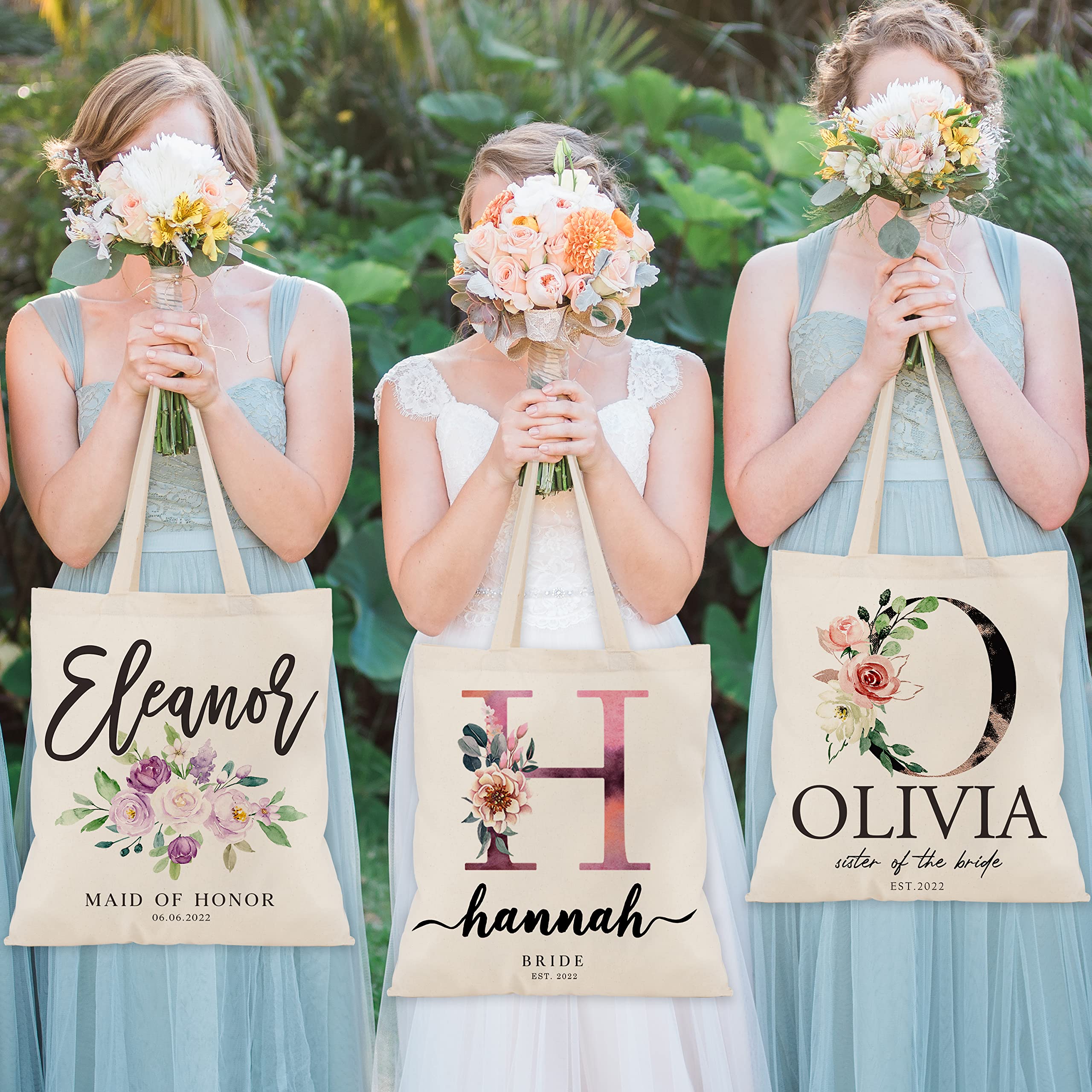 Personalized Floral Initial Tote Bags Gifts for Women - 9 Flower Designs Customizable w/Name Text Date - Custom Wedding Totes Bag Gift for Bridesmaid - Customized Monogrammed Shoulder Bag for Girls C1