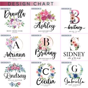 Personalized Floral Initial Tote Bags Gifts for Women - 9 Flower Designs Customizable w/Name Text Date - Custom Wedding Totes Bag Gift for Bridesmaid - Customized Monogrammed Shoulder Bag for Girls C1