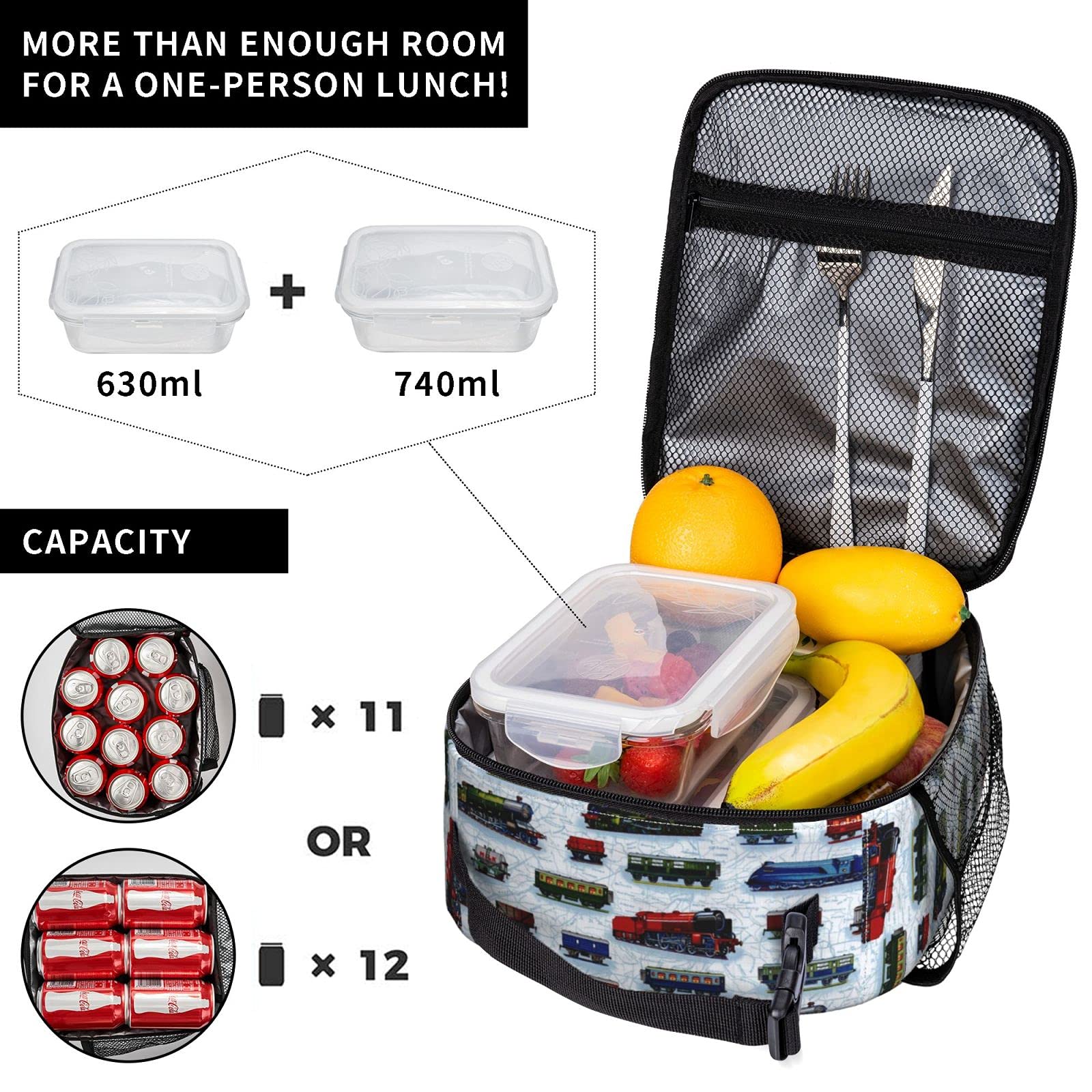 FUNCOOLCY Train Cars Insulated Reusable Lunch Box for WomenMen capacity 12 Cans,Portable Lunch Bag for Office Picnic Hiking, One Size