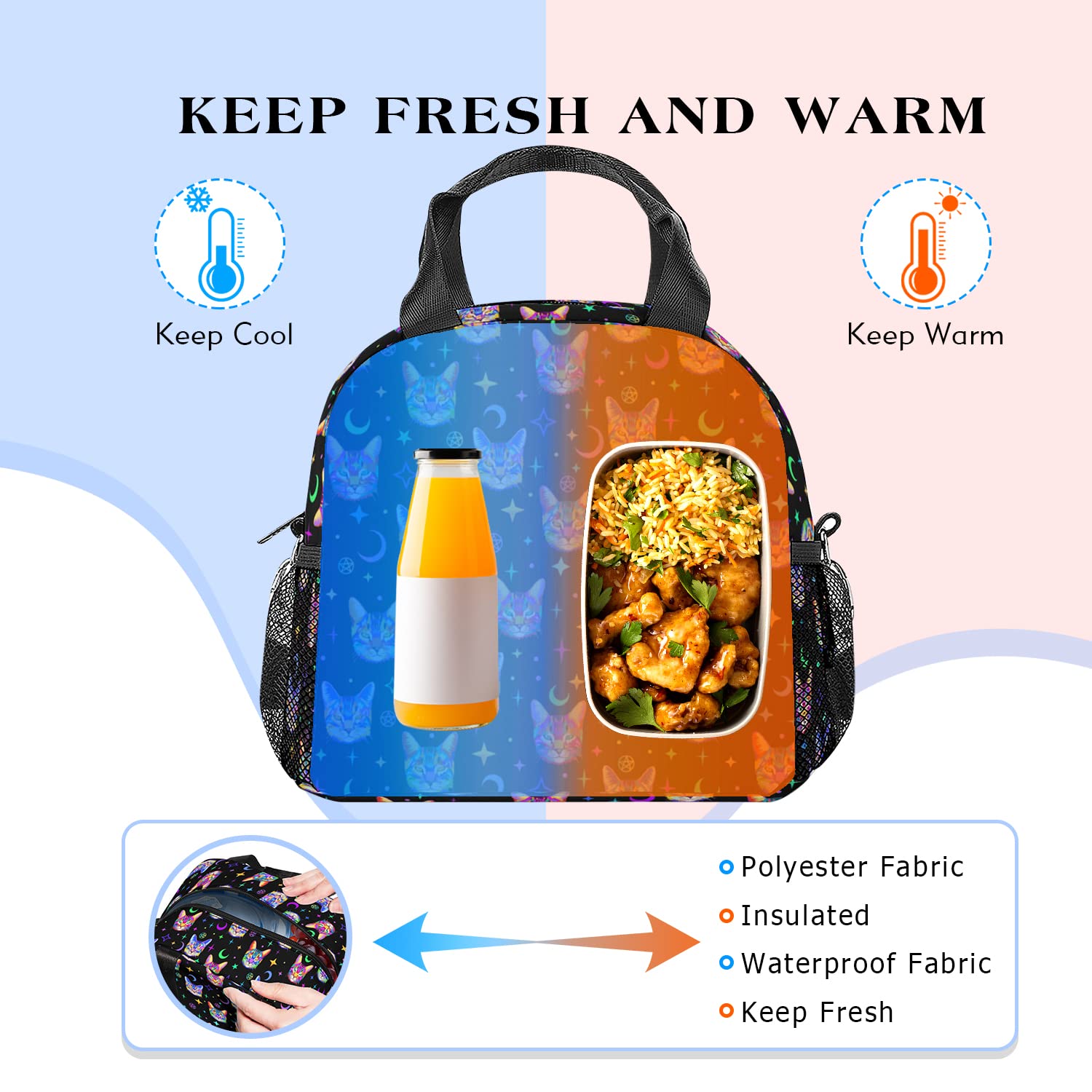 Adjustable Shoulder Strap Cat Lunch Bag for Boy Girl Women Man, Reusable Lunch Bag Lunch Tote Bag for Office Work Travel Picnic