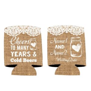 victorystore custom rustic wedding can cooler cheers to many years and cold beers, wedding can coolers set of (100)