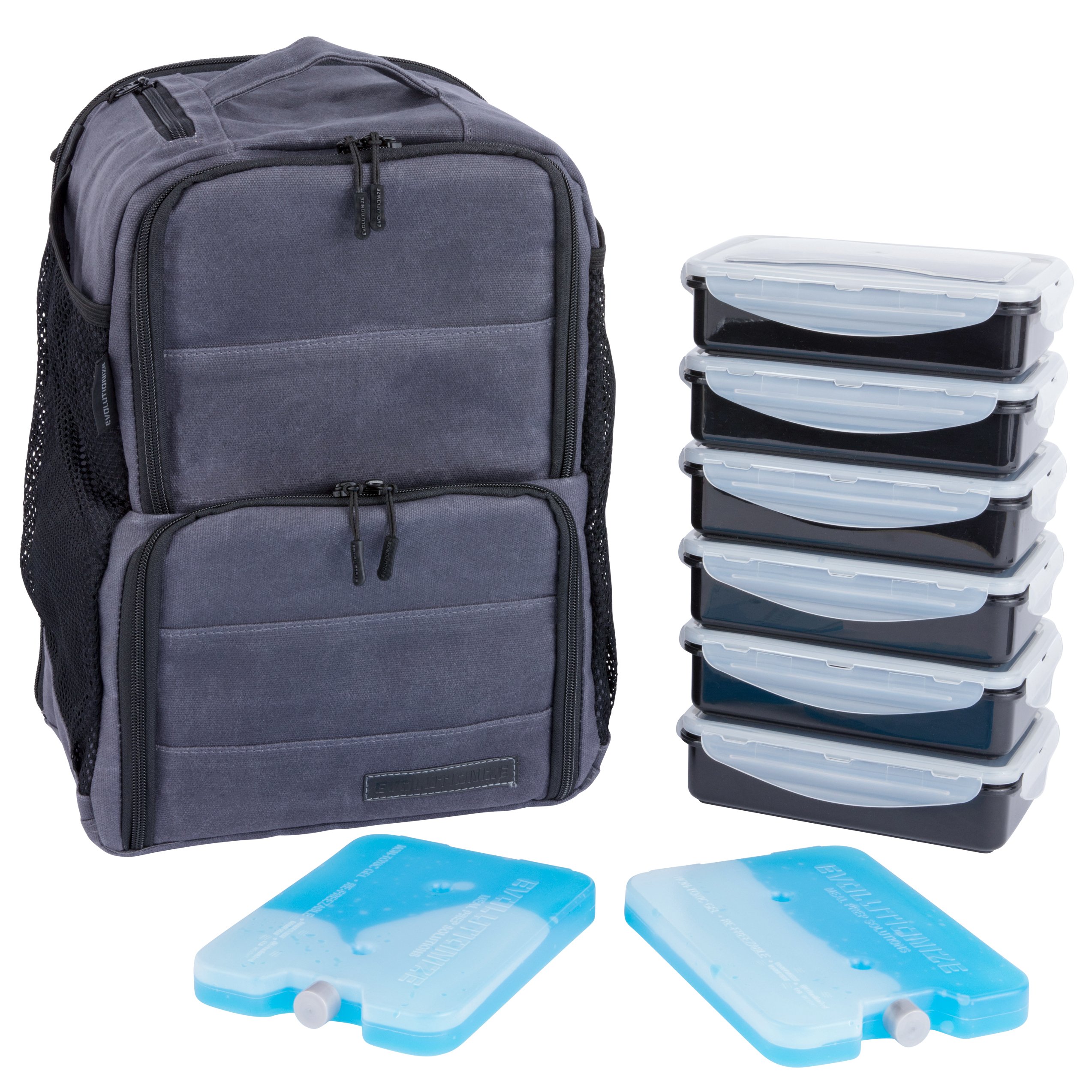 Evolutionize EDC Meal Prep Backpack Full Meal Management System - Holds 6 Meals - Includes Portion Control Meal Prep Containers + Ice Pack (BACKPACK - 6 Meal, Grey (Waxed Canvas))