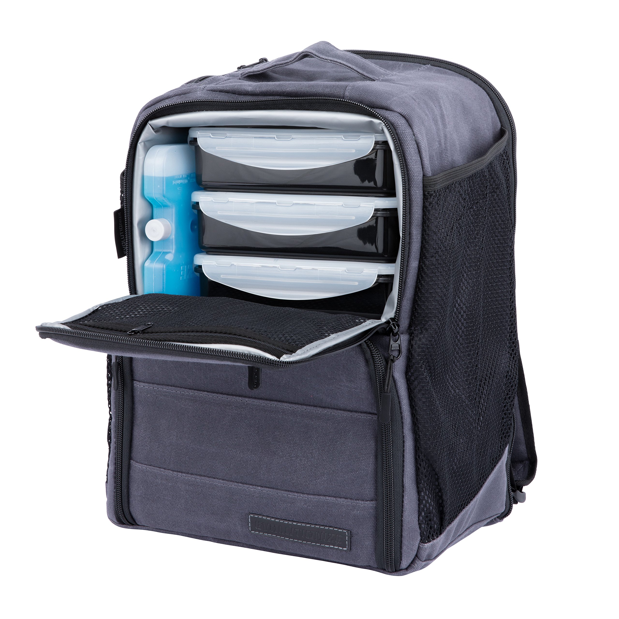 Evolutionize EDC Meal Prep Backpack Full Meal Management System - Holds 6 Meals - Includes Portion Control Meal Prep Containers + Ice Pack (BACKPACK - 6 Meal, Grey (Waxed Canvas))