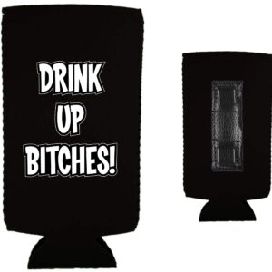 Drink Up Bitches Magnetic Slim Can Coolie (2 Pack, Black)