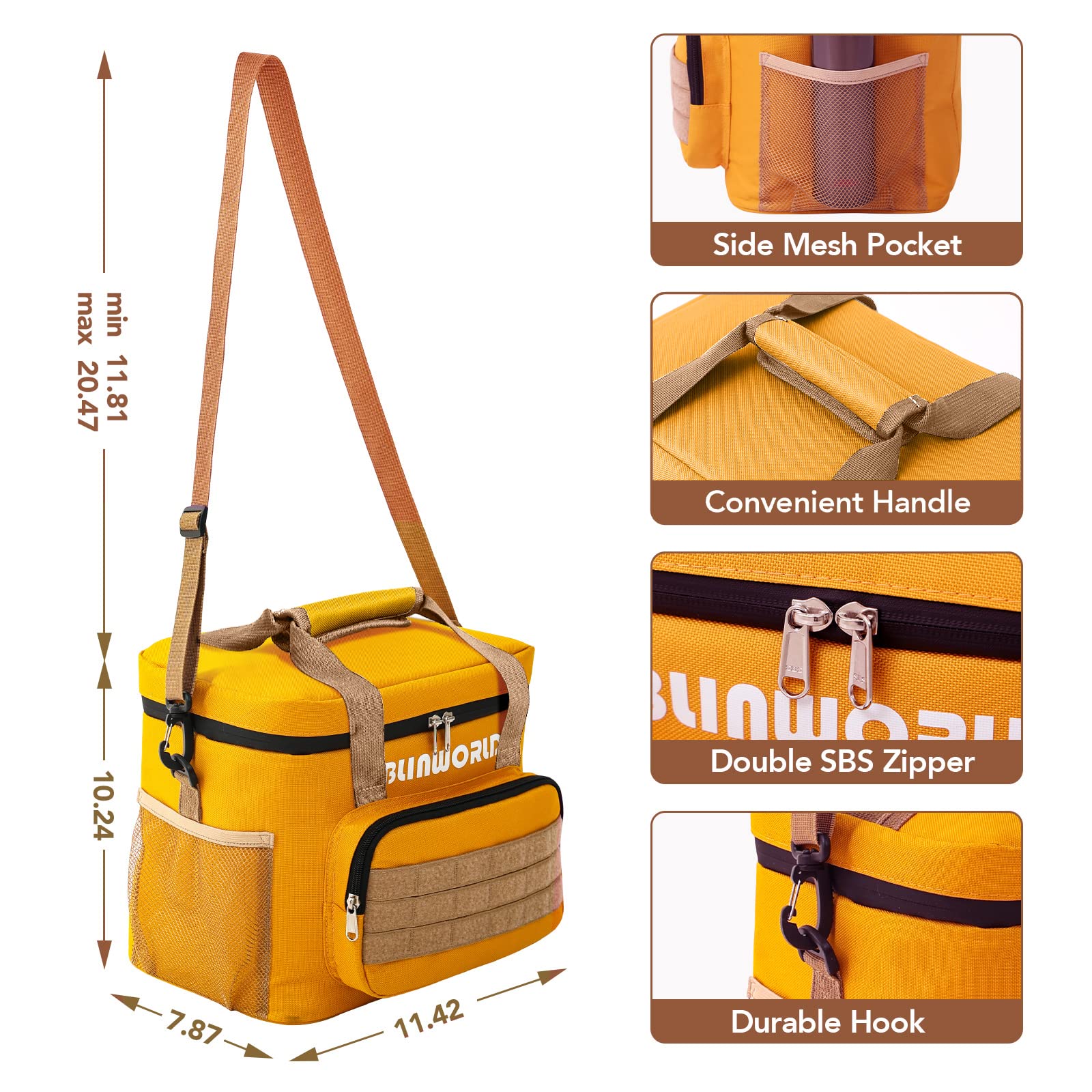 BLINWORLD Insulated Lunch Bag,Leakproof Large Lunch Cooler Bag for Adult Men Women to Work, Picnic(15L), 10.24" x 7.87" x 11.42", (Yellow or gray)