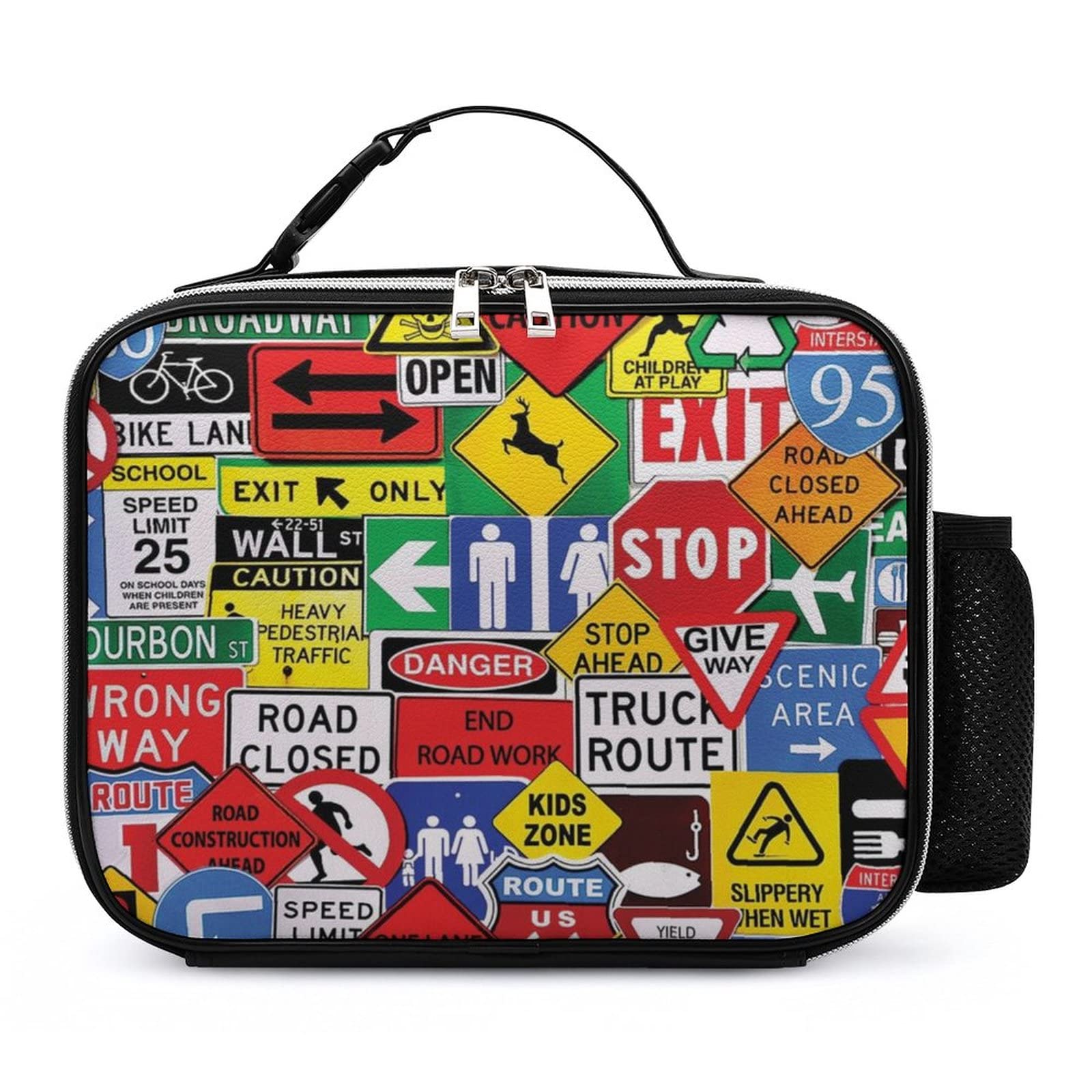 Road Traffic Sign Reusable Lunch Tote Bag Leather Thermal Box with Detachable Handle and Padded Liner for Office Picnic