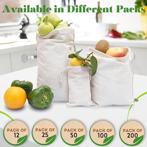 Ecogreentextiles 6x10 in 25 pcs Organic Cotton Muslin Bags with Drawstrings - 100% Natural Cotton Bags, Washable, Biodegradable, Food Safe - Ideal for Shopping, Storage, Spices, Crafts