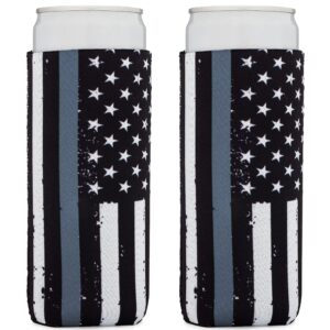 Great 1 Products Thin Grey-Gray-Silver Line Collapsible Beer and Seltzer Can Beverage Cooler Sleeves - 2 Pack Tall Slim Size 12 oz 3mm Thick Insulated Neoprene Correctional Officer, Grey