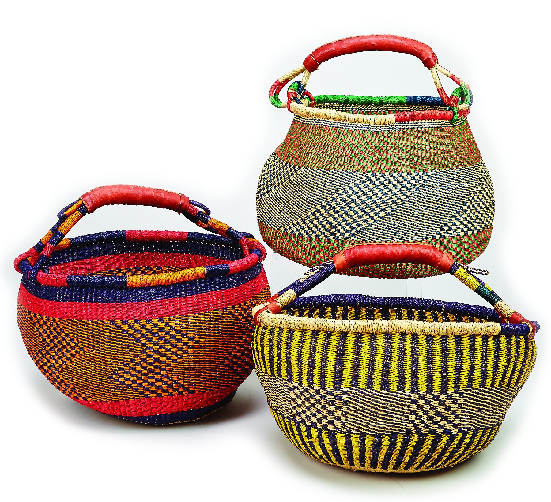 Basket Bolga Market Shopping Tote (Ghana) Straw w/ Leather Handle ONE of Assorted