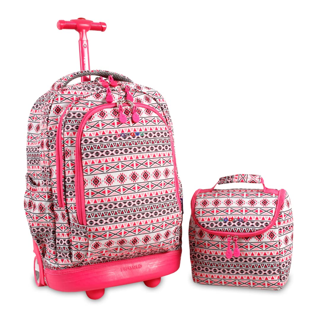 J World New York Setbeamer Rolling Backpack & Lunch Bag Set for boy,girl,shcool and travel (SKANDI PINK)