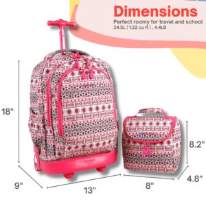 J World New York Setbeamer Rolling Backpack & Lunch Bag Set for boy,girl,shcool and travel (SKANDI PINK)