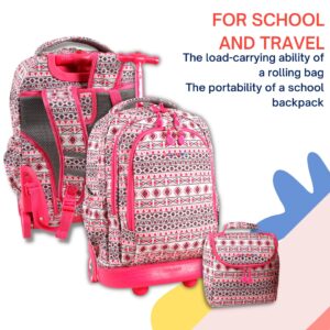 J World New York Setbeamer Rolling Backpack & Lunch Bag Set for boy,girl,shcool and travel (SKANDI PINK)