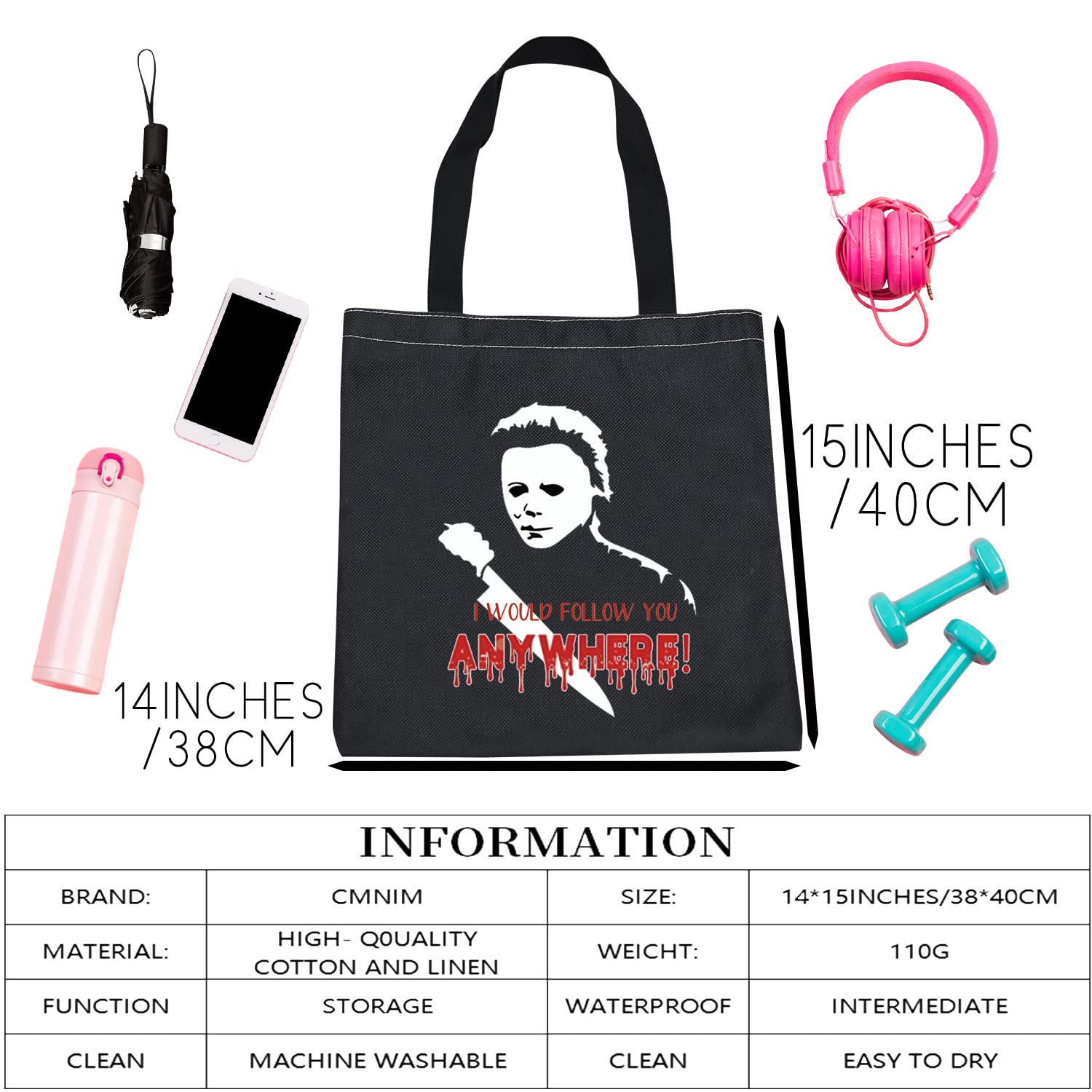 CMNIM Michael Myers Tote Bag Horror Movie Merchandise I Would Follow You Anywhere For Serial Killer Fans Shopping Grocery Bag (Michael Anywhere Black TB)