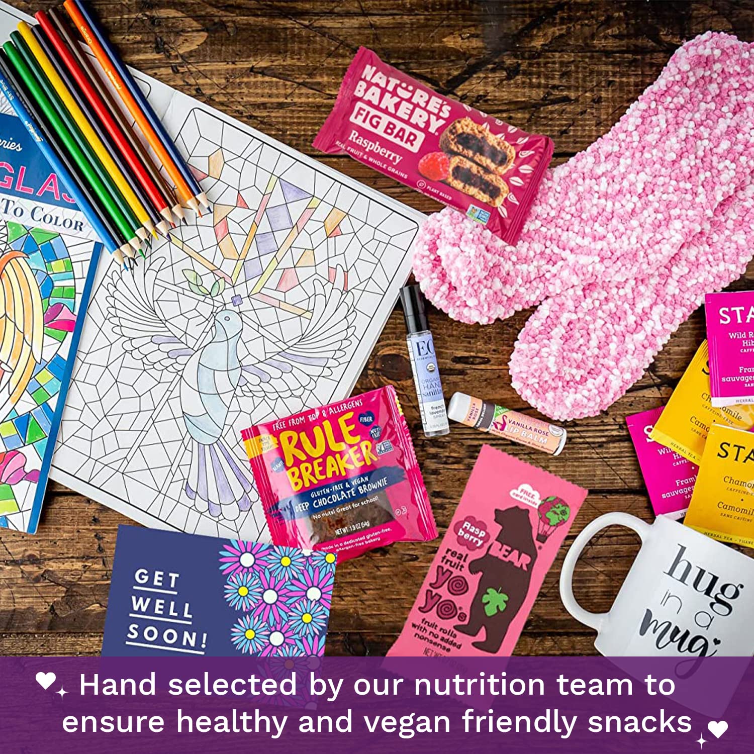 Healthy Vegan Snack Get Well Soon Box, Healthy Snacks, Comfy Socks, Coloring Book and Colored Pencils, Funny Mug, Cute and Healthy Get Well Care Package