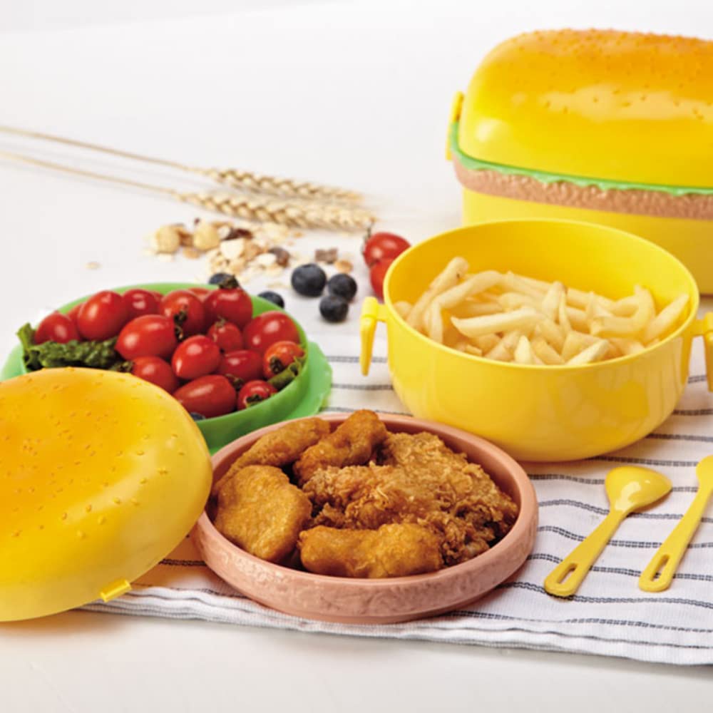 YFEIQI Cute Hamburger, 3-Layer Portable Lunch Box, Salad Box, Microwave Heated Lunch Box, Simulated Hamburger, Suitable for Storing Fruits, Vegetables, and Salads (Circular)