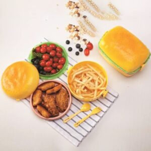 YFEIQI Cute Hamburger, 3-Layer Portable Lunch Box, Salad Box, Microwave Heated Lunch Box, Simulated Hamburger, Suitable for Storing Fruits, Vegetables, and Salads (Circular)