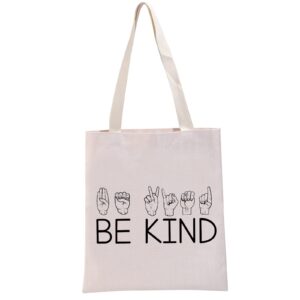 g2tup asl american sign language gift asl be kind sign reusable canvas tote bag asl teacher thank you gift shopping handbag (asl be kind handbag)