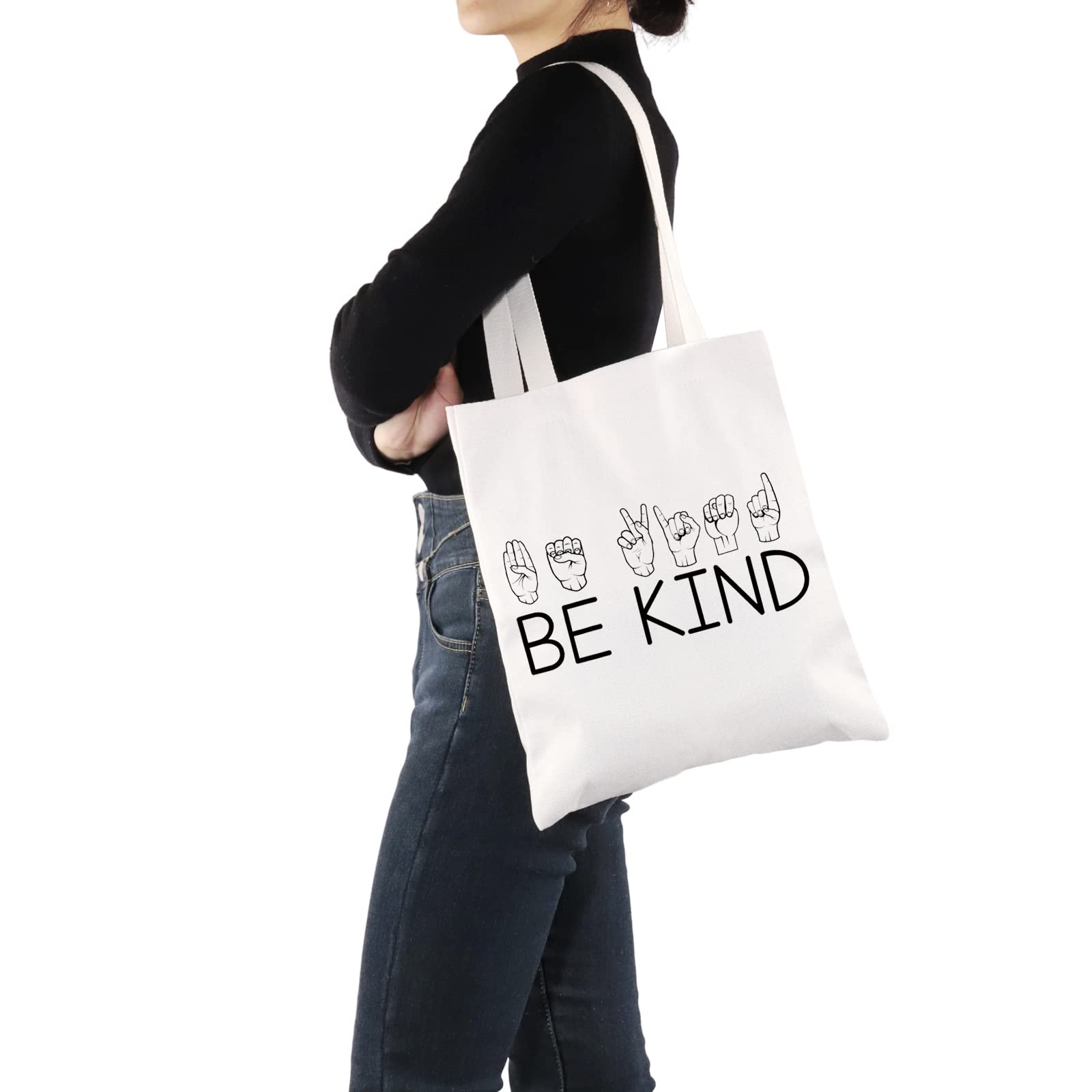 G2TUP ASL American Sign Language Gift ASL Be Kind Sign Reusable Canvas Tote Bag ASL Teacher Thank You Gift Shopping Handbag (ASL Be Kind Handbag)