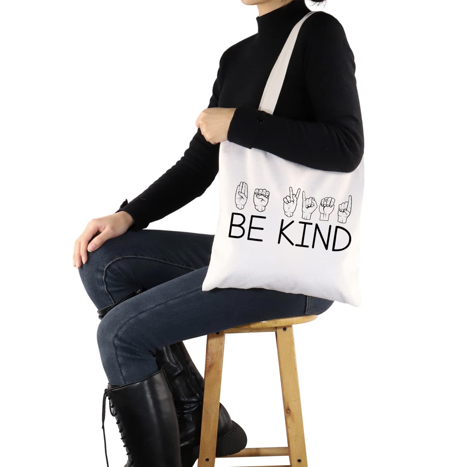 G2TUP ASL American Sign Language Gift ASL Be Kind Sign Reusable Canvas Tote Bag ASL Teacher Thank You Gift Shopping Handbag (ASL Be Kind Handbag)