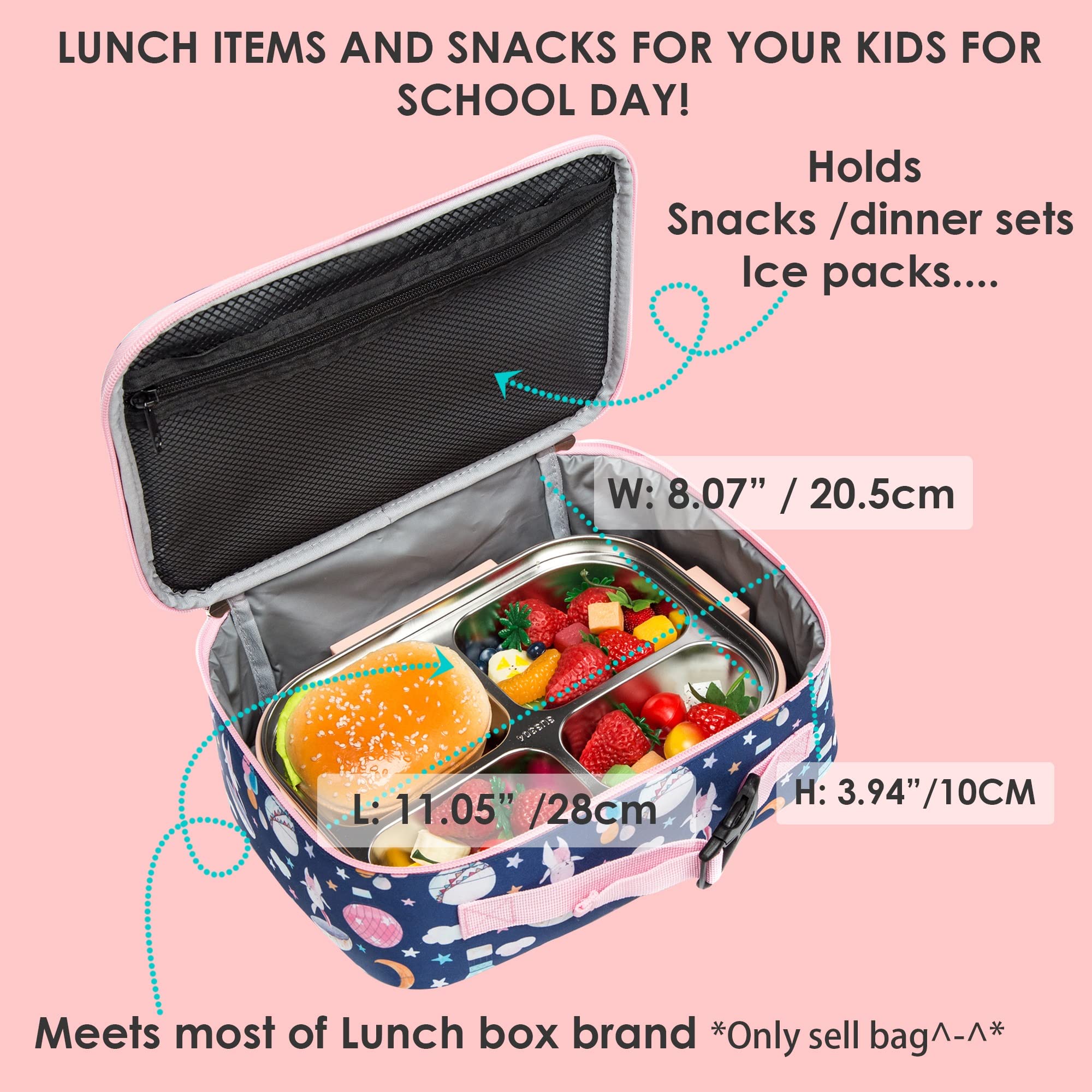 Khulula Girls Insulated Kids Lunch Bags Mini Cooler Back to School Food Storage Tote - Picnic Cookouts Travel Reusable Small Lunch Box with Cute Pattern Prints Balloon Bunny