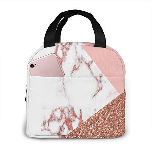 Pink White Marble Glitter Lunch Bag Cooler Bag Women Tote Bag Insulated Lunch Box Water-resistant Thermal Soft Liner Lunch Container for Picnic Travel Boating Beach Fishing Work