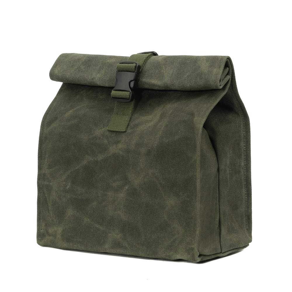 Kaaltisy Eco-Friendly Lunch Bag, Heavy Duty 16oz Waxed Canvas Lunch Sack with Buckle, Sustainable Lunch Box for Workers | Army Green | Hard Feel