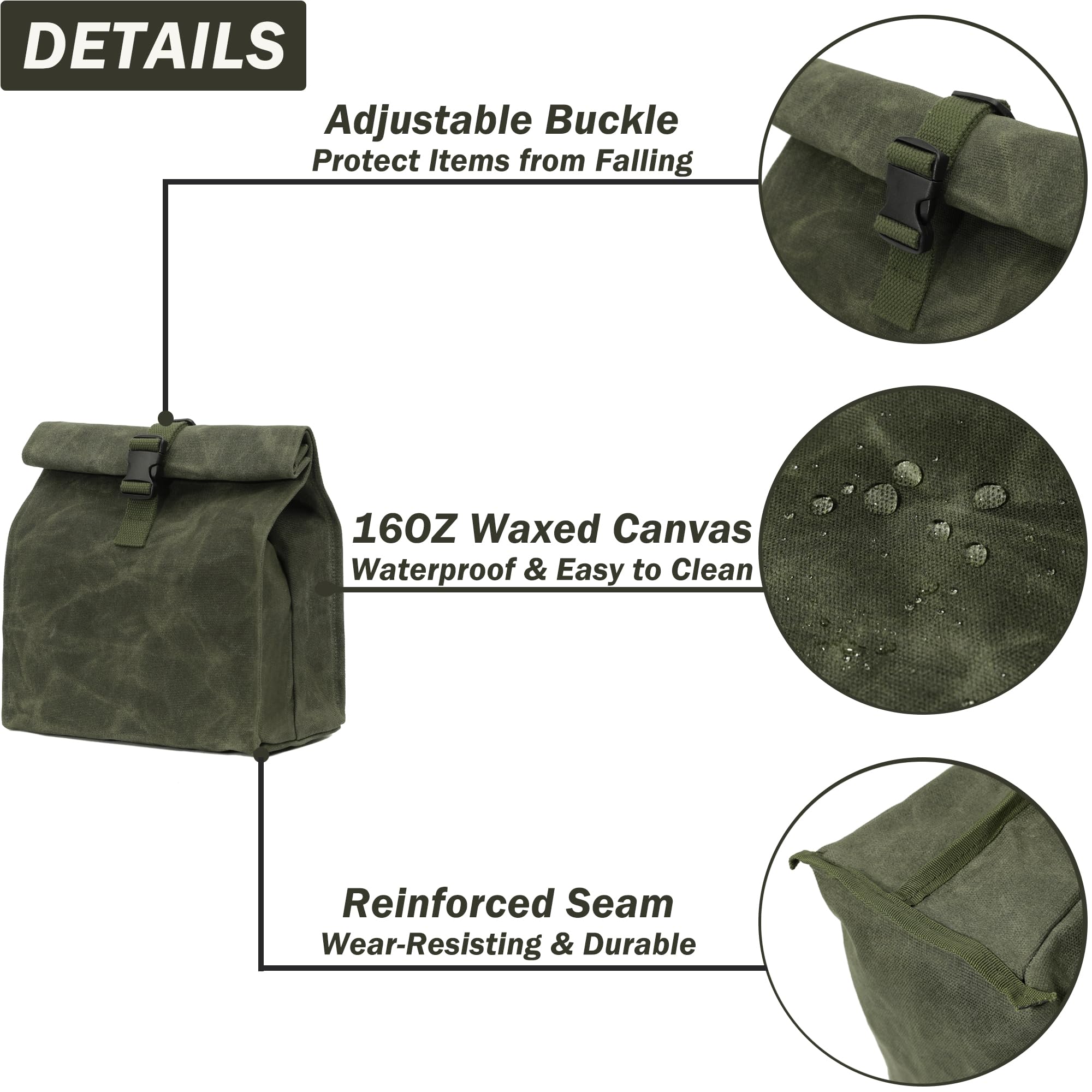 Kaaltisy Eco-Friendly Lunch Bag, Heavy Duty 16oz Waxed Canvas Lunch Sack with Buckle, Sustainable Lunch Box for Workers | Army Green | Hard Feel