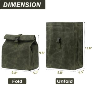 Kaaltisy Eco-Friendly Lunch Bag, Heavy Duty 16oz Waxed Canvas Lunch Sack with Buckle, Sustainable Lunch Box for Workers | Army Green | Hard Feel