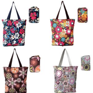 NC 4 Pack Foldable Kitchen Reusable Grocery Bags Floral Designs with Zipper Folding Shopping Tote Bags Lightweight Durable Large Bags 50LBS for Grocery