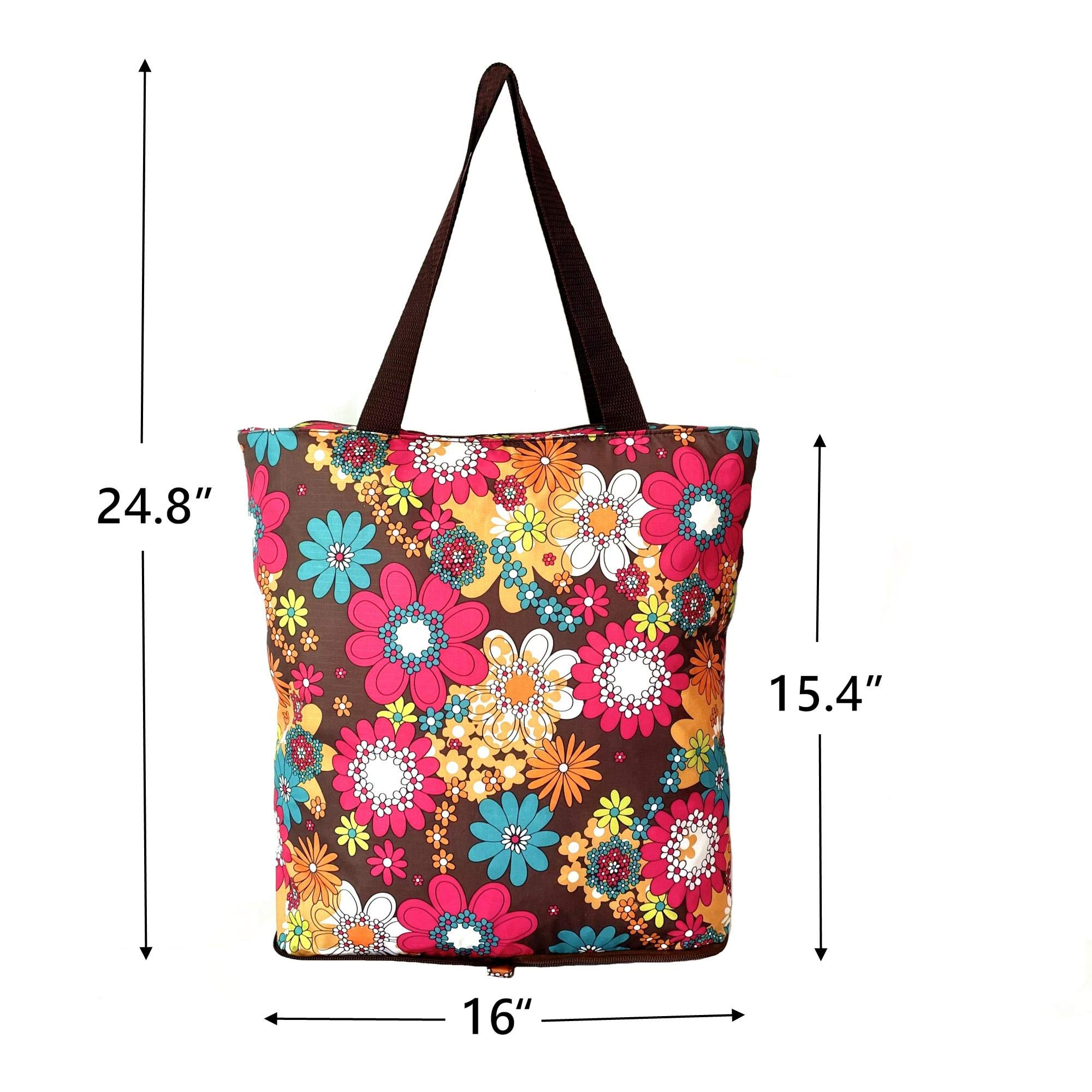 NC 4 Pack Foldable Kitchen Reusable Grocery Bags Floral Designs with Zipper Folding Shopping Tote Bags Lightweight Durable Large Bags 50LBS for Grocery