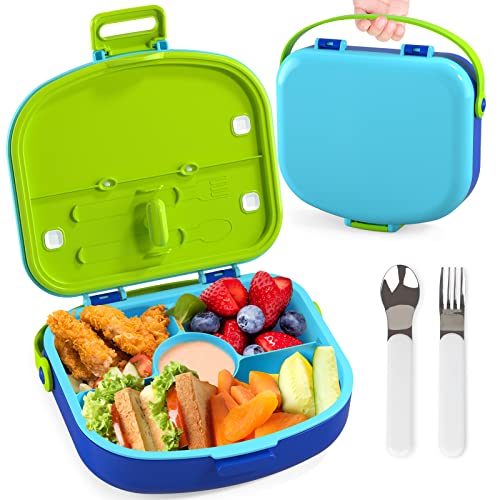 Lehoo Castle Bento Lunch Box for Kids, Large Kids Lunch Box with Cutlery＆4 Compartments＆Silicone Handle, Leak-proof Portable 1.3L Lunchbox Bento for Kids BPA-free Easy Opened (Blue)