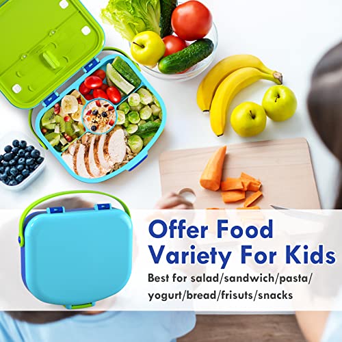 Lehoo Castle Bento Lunch Box for Kids, Large Kids Lunch Box with Cutlery＆4 Compartments＆Silicone Handle, Leak-proof Portable 1.3L Lunchbox Bento for Kids BPA-free Easy Opened (Blue)