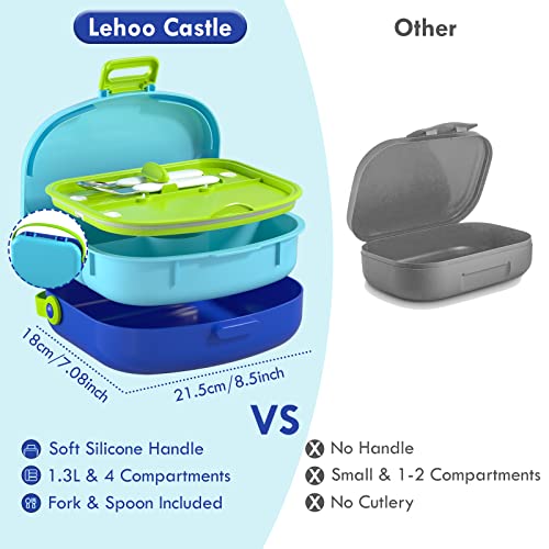 Lehoo Castle Bento Lunch Box for Kids, Large Kids Lunch Box with Cutlery＆4 Compartments＆Silicone Handle, Leak-proof Portable 1.3L Lunchbox Bento for Kids BPA-free Easy Opened (Blue)