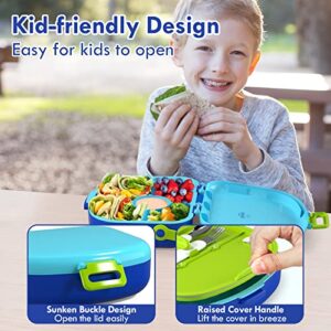 Lehoo Castle Bento Lunch Box for Kids, Large Kids Lunch Box with Cutlery＆4 Compartments＆Silicone Handle, Leak-proof Portable 1.3L Lunchbox Bento for Kids BPA-free Easy Opened (Blue)