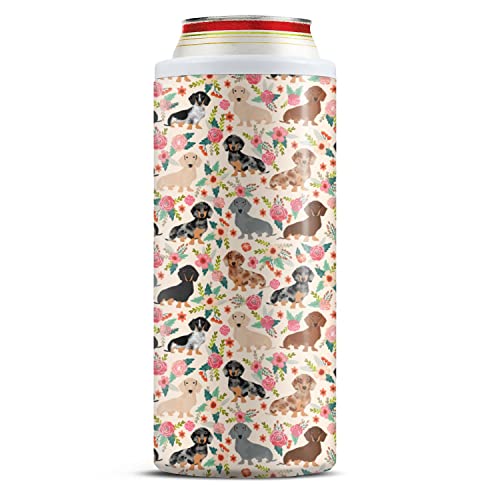 Dachshund Dog & Flower Skinny Can Cooler for Slim Beer & Hard Seltzer Doucle-Walled Stainless Steel Insulated Slim Cans 12 OZ White