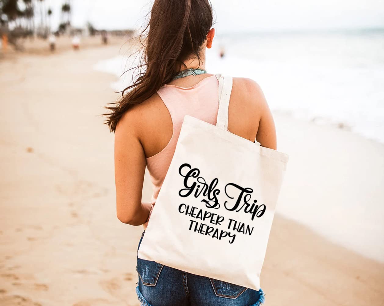 GXVUIS Girls Trip Cheaper Than Therapy Canvas Tote Bag for Women Reusable Travel Grocery Shoulder Shopping Bags Funny Gifts White