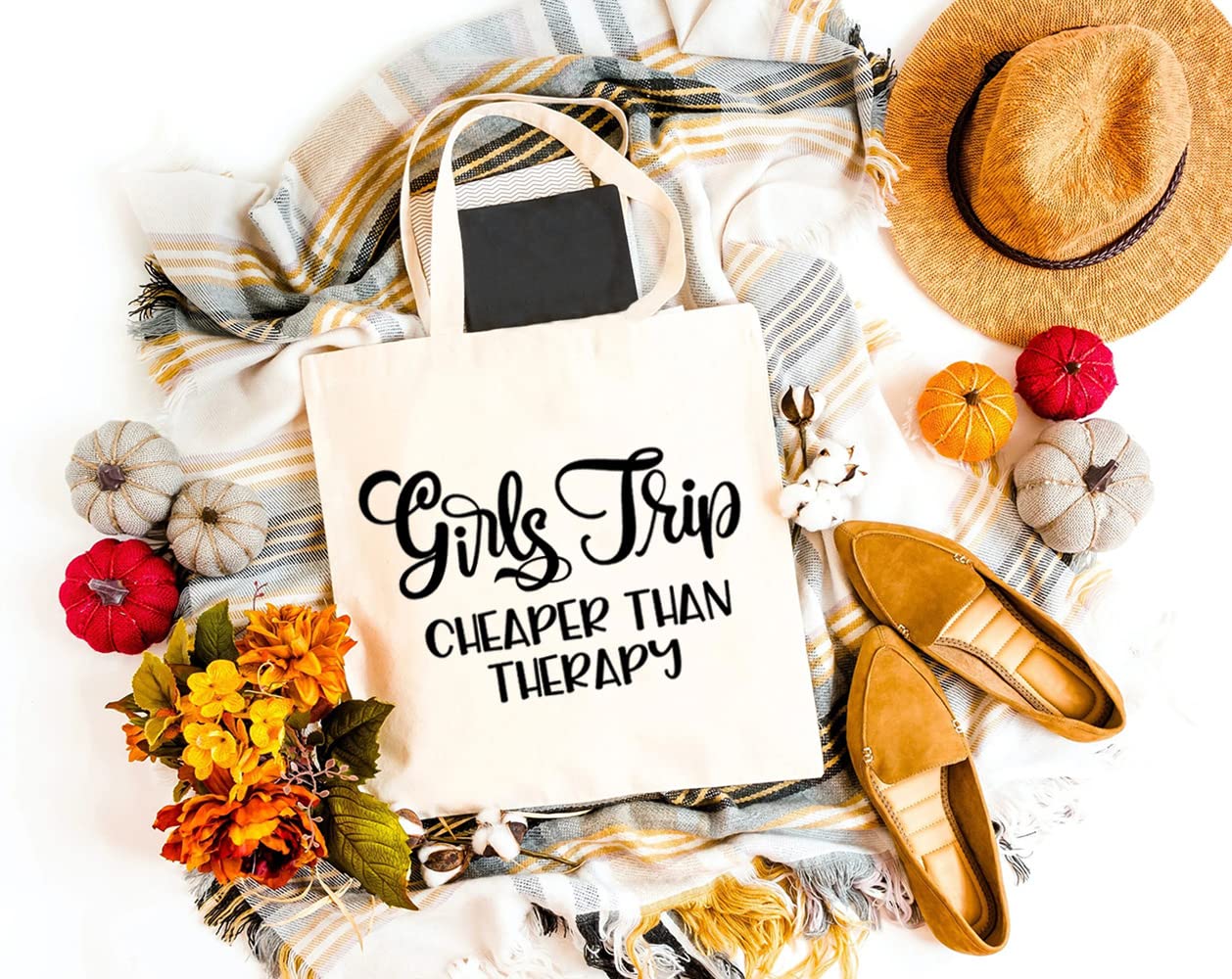 GXVUIS Girls Trip Cheaper Than Therapy Canvas Tote Bag for Women Reusable Travel Grocery Shoulder Shopping Bags Funny Gifts White