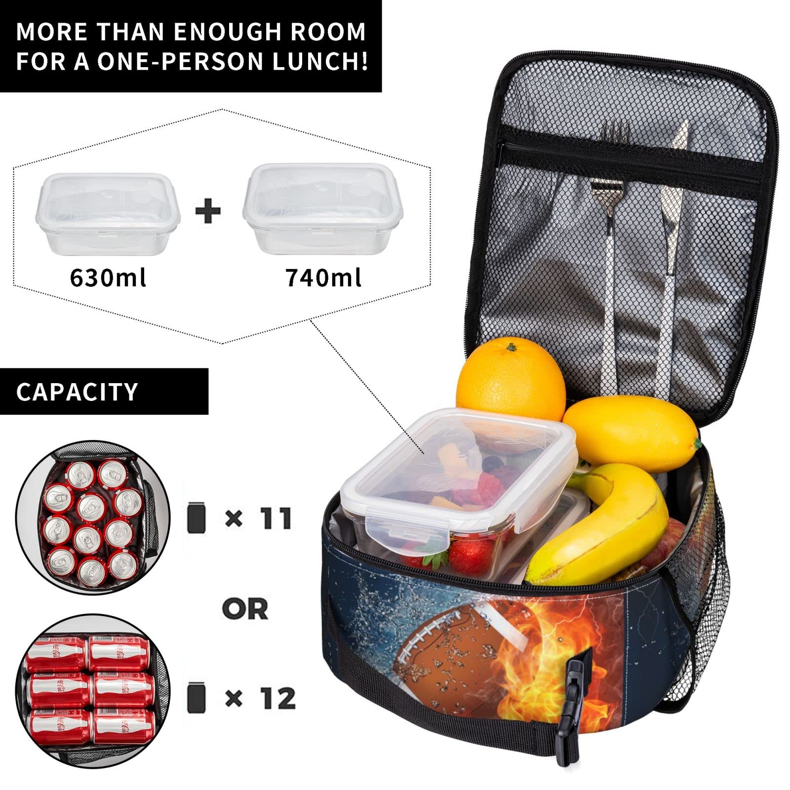 Yilad Ice Fire Football Reusable Lunch Box Insulated LunchBox Cooler Lunch Bag