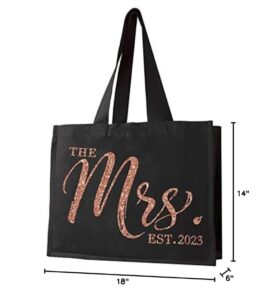 rhinestonesash rose gold bride tote - the mrs. est. 2025 rose gold glitter chic cotton canvas tote bag - bridal shower gift - black tote(chic 2025 rsg) blk